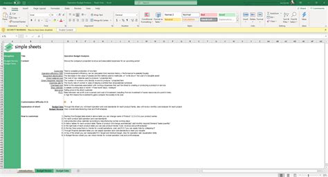 Operation Budget Analysis Excel Template Simple Sheets