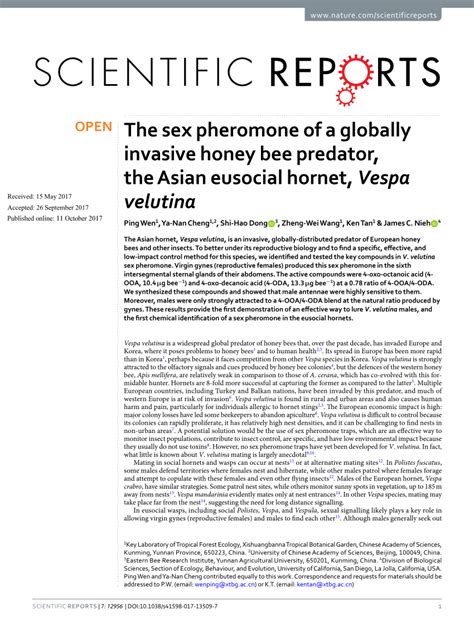 Pdf The Sex Pheromone Of A Globally Invasive Honey Bee Predator The