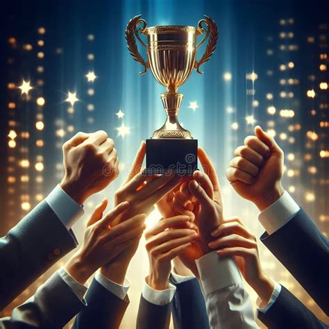 Professional Team Hands Raising Trophy Symbolizing Corporate Success