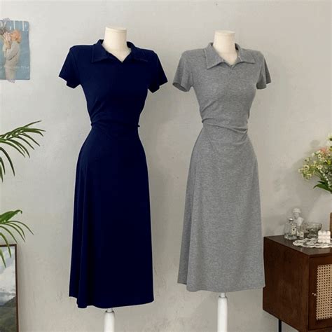 허리조절o부드러운촉감 골지 끈 데일리 리본 메리 오픈카라 무지 슬림 롱 원피스 에이블리