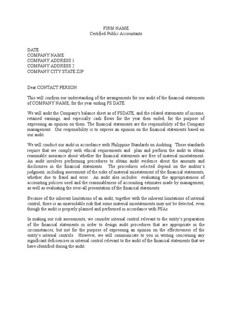 Audit Engagement Letter Cpa 1 Audit Financial Audit