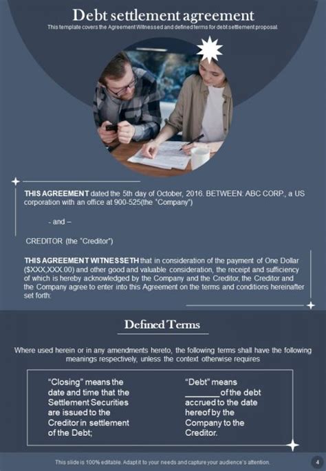 Debt Settlement Agreement Report Sample Example Document Ppt Template