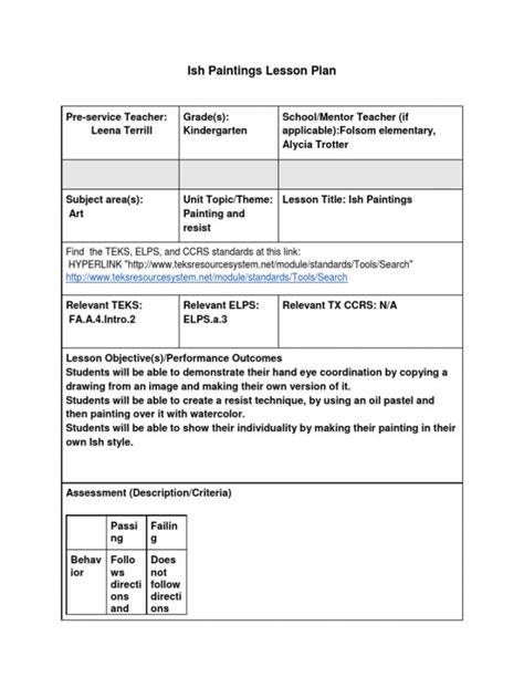 Kindergarten Lesson Plans Teks Printable Pdf Template