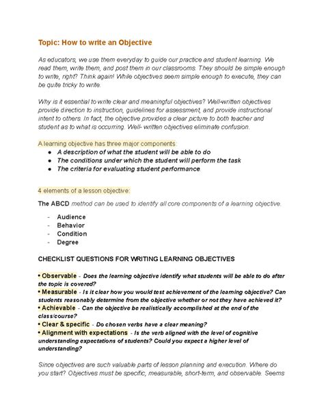 Objectives How To Write An Objective For Lesson Plan Characteristics