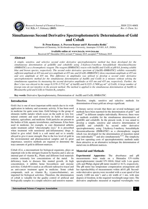 Pdf Simultaneous Second Derivative Spectrophotometric Determination Of Gold And Cobalt