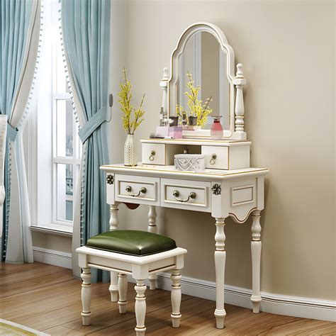 Ivory Mirrored Vanity Desk With 4 Drawers Victorian Wood Dresser