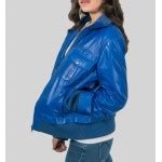 Womens Four Pockets Genuine Blue Leather Bomber Jacket