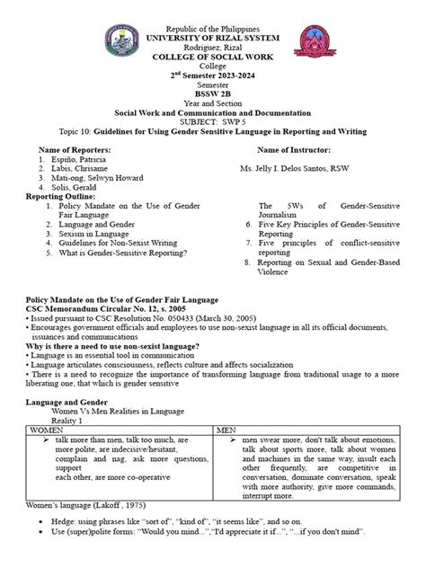Swp5 Topic11 Guidelines For Using Gender Sensitive Language In Reporting And Writing Pdf