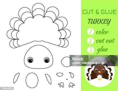 색칠 공부 는 아기 칠면조를 잘라 접착제 유치원 어린이를위한 교육 종이 게임 워크시트를 잘라내고 붙여넣습니다 종이에 색상 절단