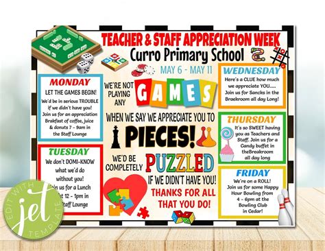 Editable Games Theme Teacher Appreciation Week Itinerary Flyer Instant