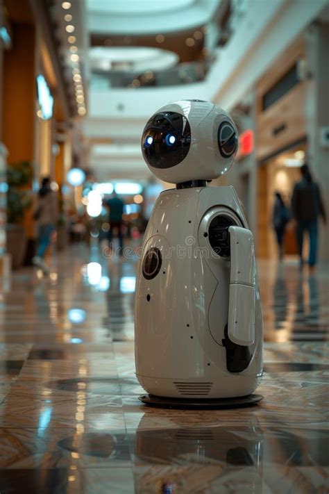 Robotic Security Guard Monitoring Shopping Mall With Ai Stock