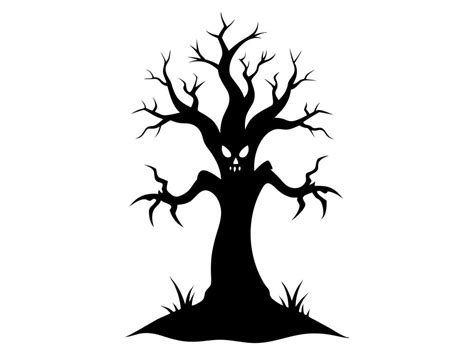 Black Silhouette Of A Spooky Tree With An Ominous Face And Creepy Roots