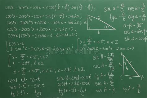 many different math formulas written on green chalkboard stock image