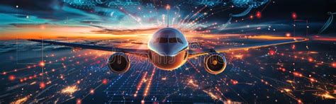 Airplane Soaring Through A Data Visualization Sky At Sunset Showcasing