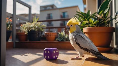 Sunny Day Cockatoo And Purple Dice On A Balcony Stock Illustration