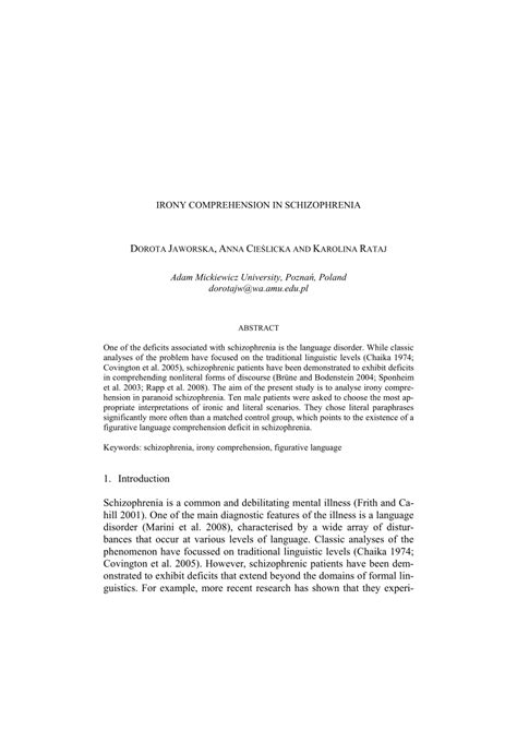 Pdf Irony Comprehension In Schizophrenia