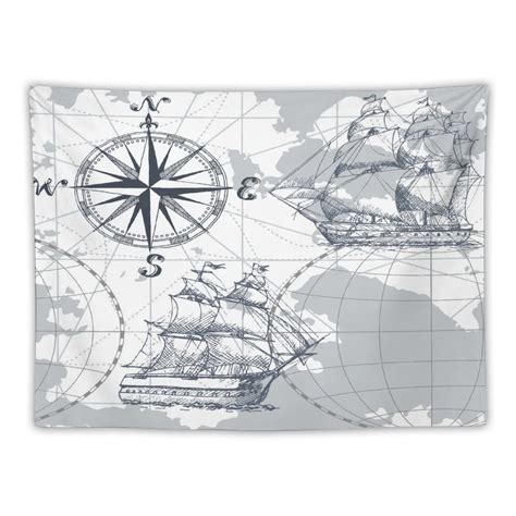 Nautical Tapestry Ocean Map And Compass Sailboat Tapestry