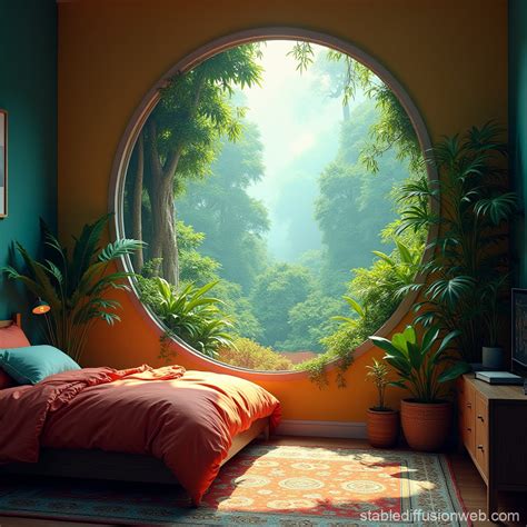 Vibrant Tropical Forest Through Large Round Window Stable Diffusion
