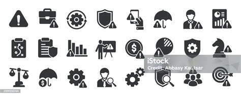 위험 관리 글리프 솔리드 아이콘 컬렉션 경영 분석 전략 식별 재무 보호를 포함합니다 웹사이트 마케팅 디자인 로고 앱 템플릿 Ui 등 벡터 일러스트레이션 아이콘에 대한 스톡