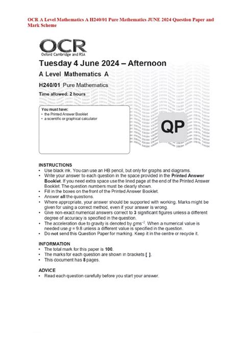 Ocr A Level Mathematics A H240 01 Pure Mathematics June 2024 Question Paper And Mark Scheme