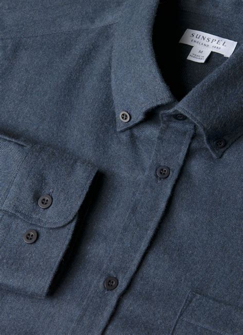 Mens Button Down Flannel Shirt In Selvedge Blue Melange Sunspel