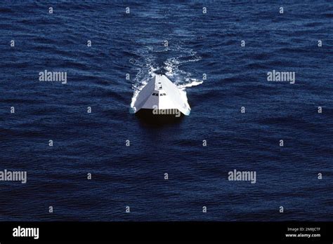 An Aerial Bow View Of The Experimental Stealth Ship Sea Shadow Conducting Trails On The Outer