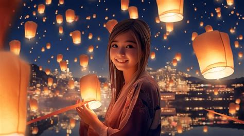 Premium Ai Image Cute Girl Wit Lantern Festival