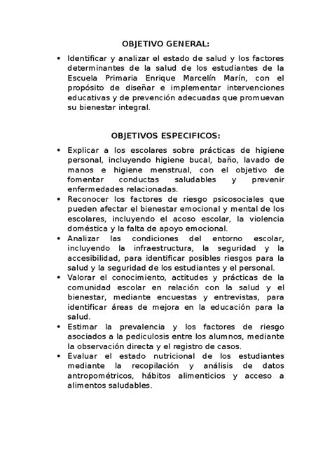 Objetivos Salud Escolar Objetivo General Identificar Y Analizar El Estado De Salud Y Los