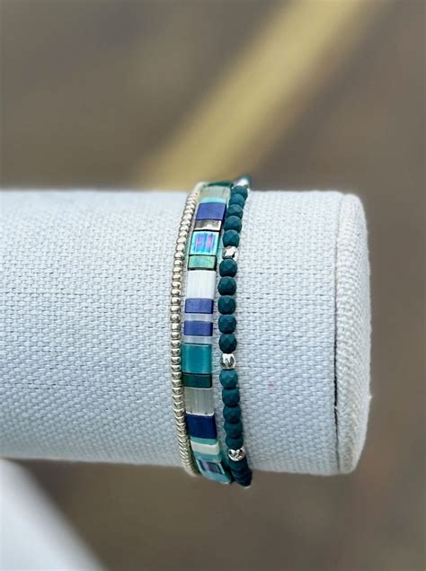 Seaside Blues And Navy Tila Bead Stacked Bracelet Set Stretchy Beaded
