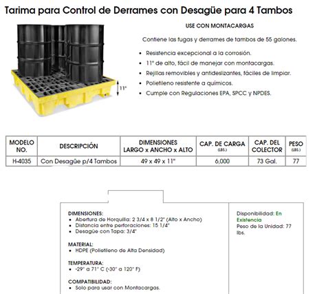 Tarima Para Control De Derrames Con Desagüe Para 4 Tambos H 4035 Epp