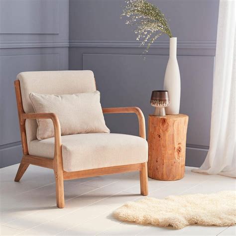 Scandi Style Wooden Armchair With Cushion Beige