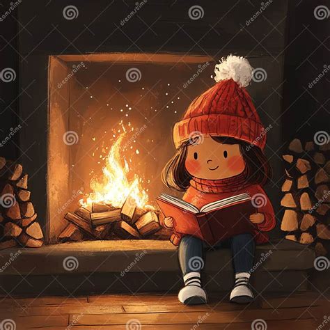 Young Girl Sitting By The Fire Reading A Book Stock Illustration Illustration Of Cute Digital