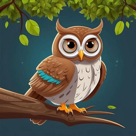 Cute Owl Teaching With Pointer On Tree Cartoon Illustration Premium
