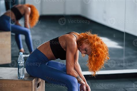 Tired Taking A Break Sporty Redhead Girl Have Fitness Day In Gym At