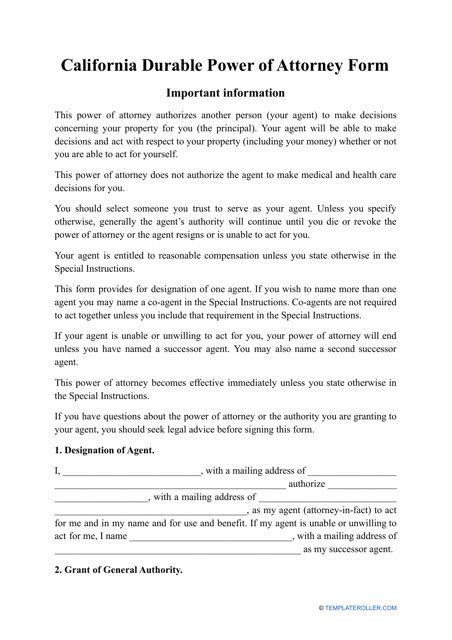 California Durable Power Of Attorney Form Fill Out Sign Online And