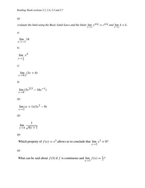Calculus Limits Worksheet Basic Limit Laws