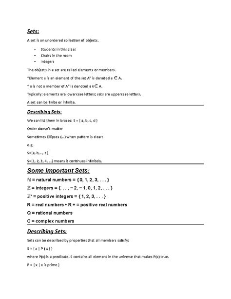 Sets Notes For Sets Sets A Set Is An Unordered Collection Of