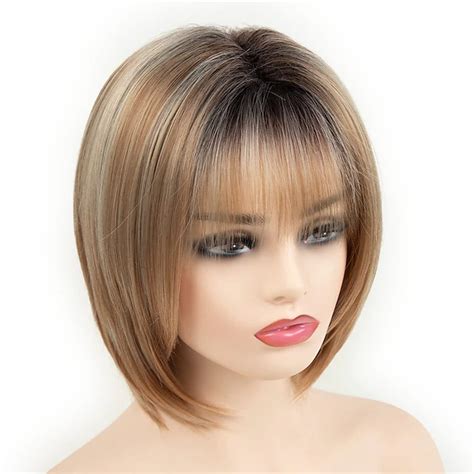 Blonde Highlight Short Pixie Bob Wig With Bangs Straight Ombre Blonde Synthetic Wig With Dark