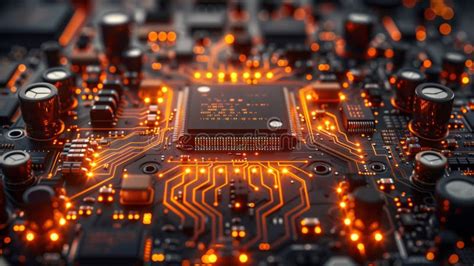 Close Up Of A Computer Motherboard With Illuminated Circuits Stock Image Image Of Circuitry