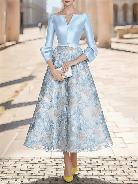 A Line Tea Length Cocktail Dresses Elegant Vintage Floral 34 Length