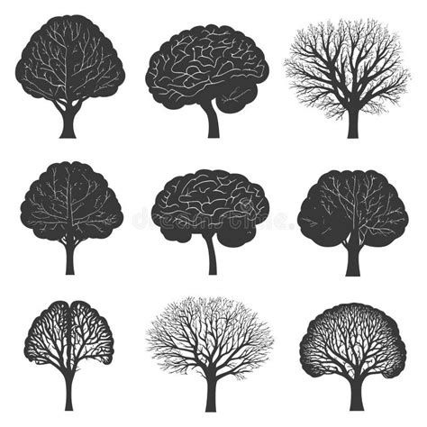 Collection Of Nine Brain Shaped Trees Silhouette Illustrations Stock