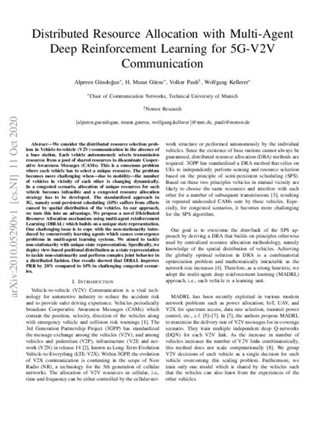 Pdf Distributed Resource Allocation With Multi Agent Deep Reinforcement Learning For 5g V2v