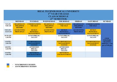 1st Semester Class Schedule Rizal Technological University 1 St Year