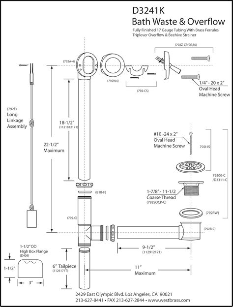 22 12″ Brass Bath Waste And Overflow Assembly With Trip Lever And