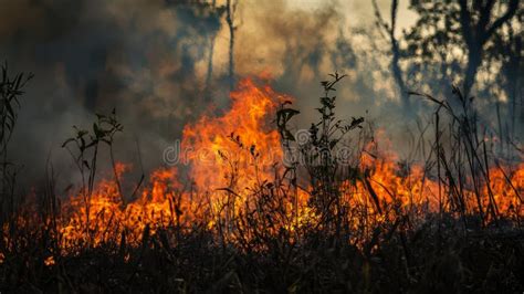 Wildfire Spreads Through Dry Grassland During A Late Afternoon Blaze