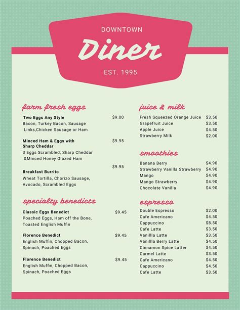 Diner Menu Template Free Word Template