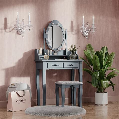 Livinity® Schminktisch Grau 75 Cm Mit Led Beleuchtung Und Hocker