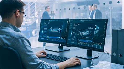 전문 엔지니어는 3d Cad 소프트웨어가 장착된 컴퓨터에서 작업하며 첨단 기술 개발 실험실에서 바퀴 배터리 및 엔진이 있는 전기