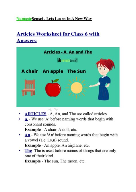 Articles Worksheet For Class 6 Namaste Sensei Namastesensei Lets