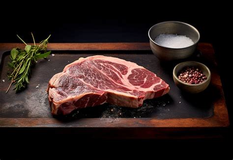 Cut Slab Of Ribeye Beef On Black Wood Background Meat Parts High